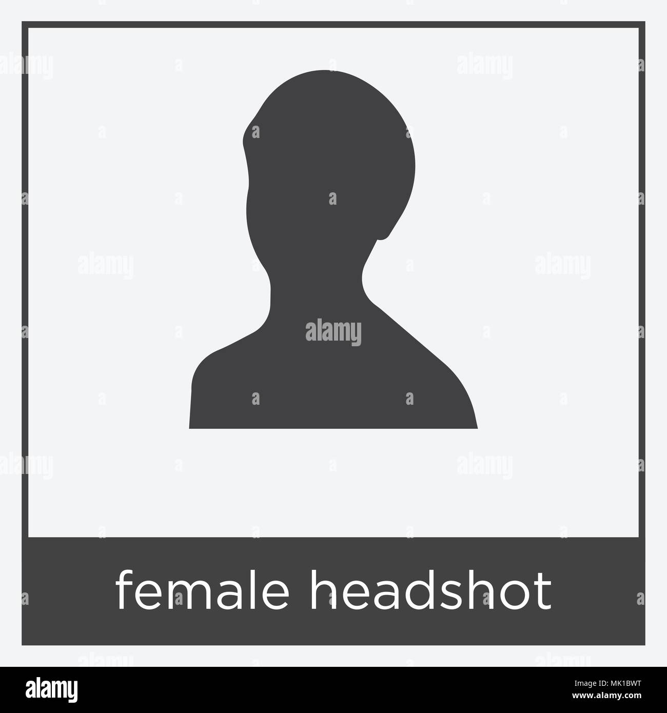 female headshot icon isolated on white background with gray frame, sign ...