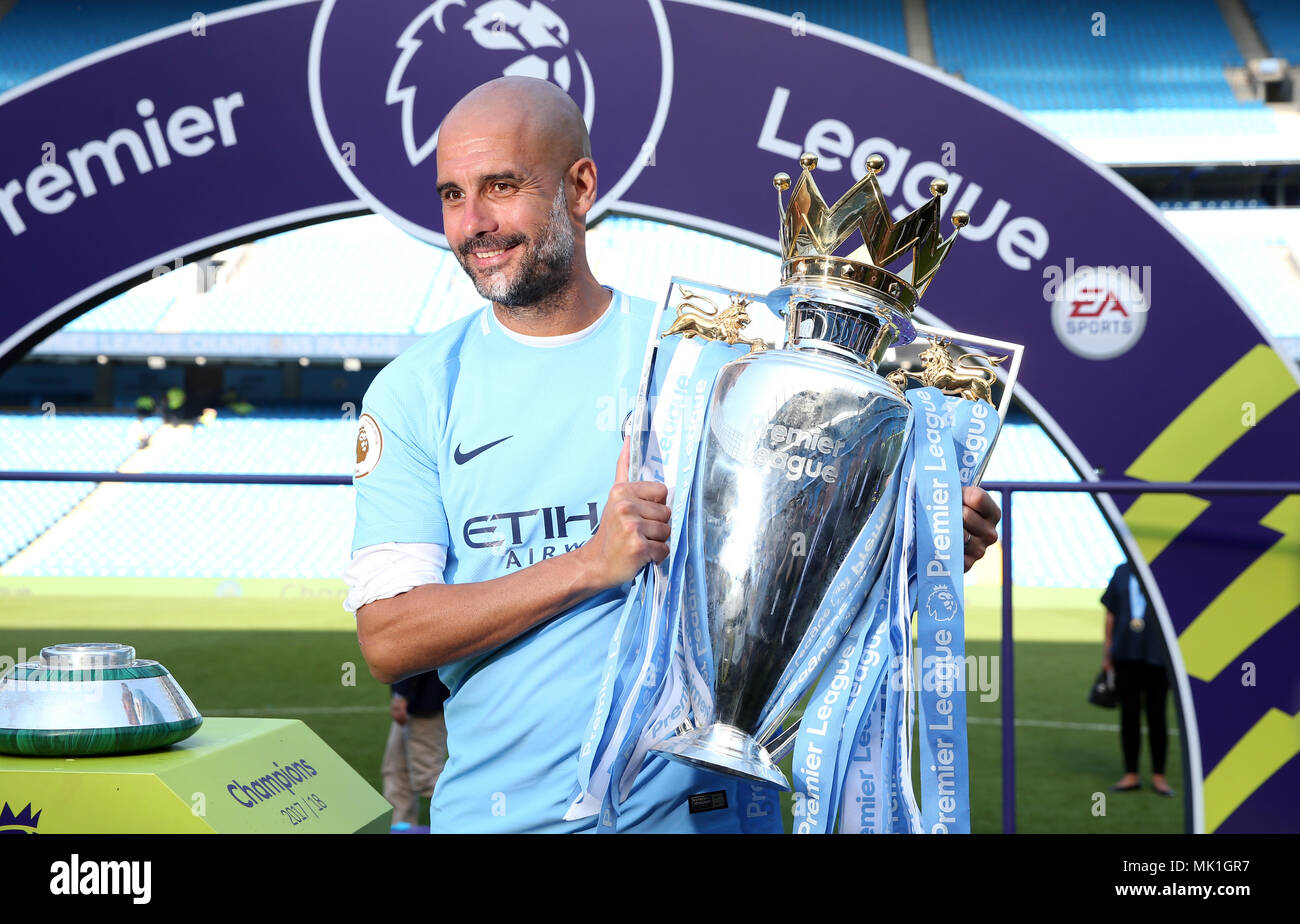 Manchester City manager Pep Guardiola celebrates with the Premier ...