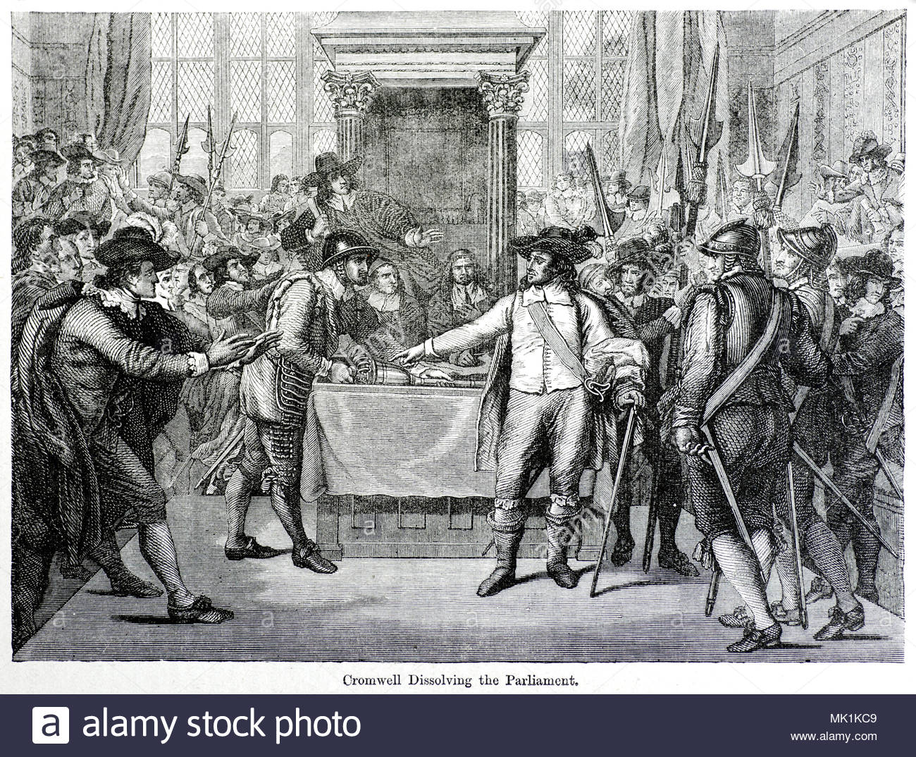 Oliver Cromwell dissolving the parliament 1653, antique illustration ...