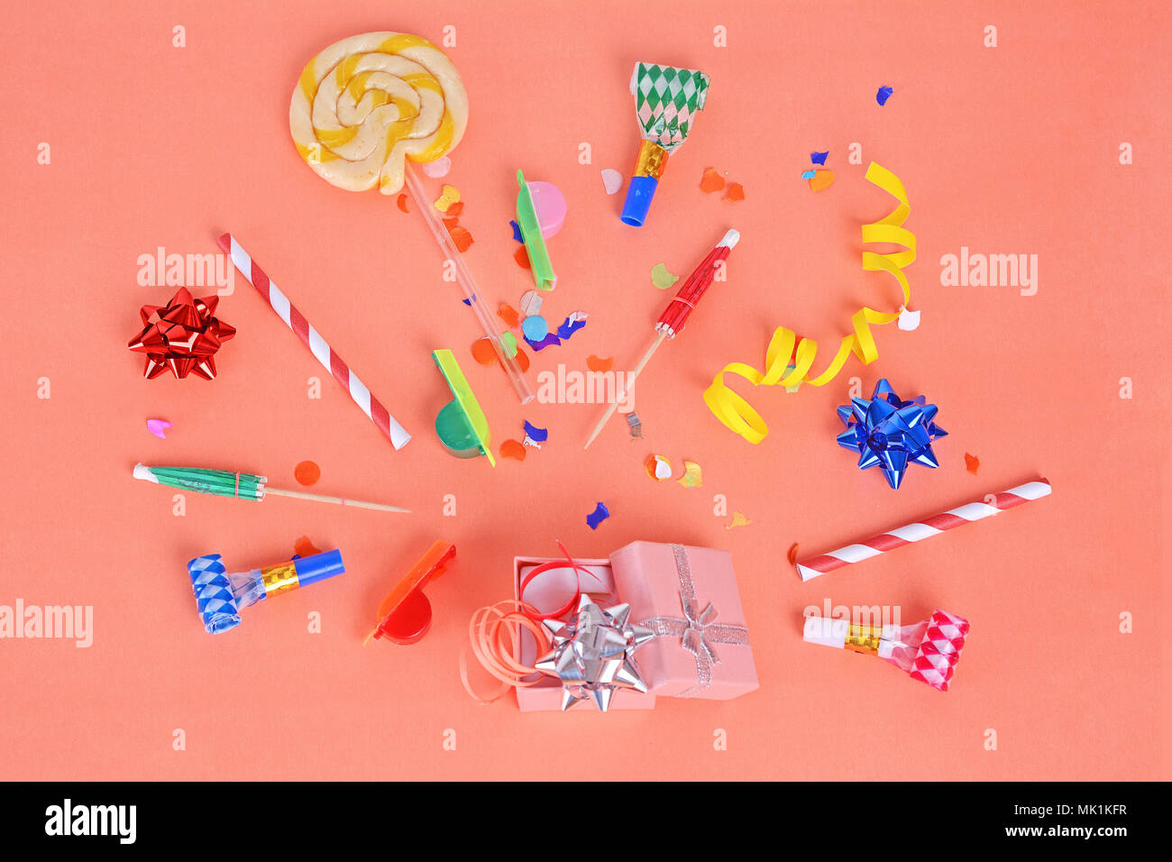 Colorful party frame with birthday objets on orange background ...