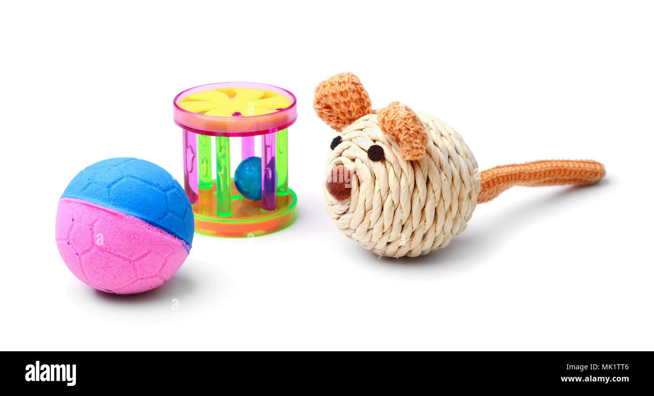Plastic cat toys isolated on white background Stock Photo - Alamy