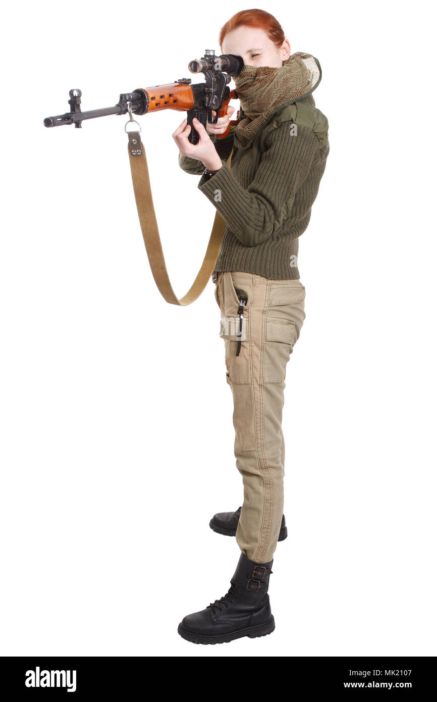 woman sniper with SVD sniper rifle isolated on white background Stock ...
