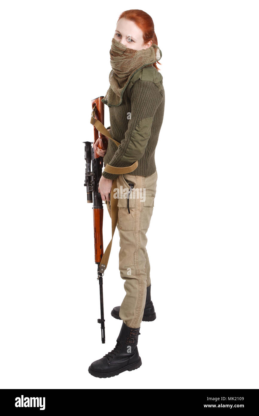 woman sniper with SVD sniper rifle isolated on white background Stock ...