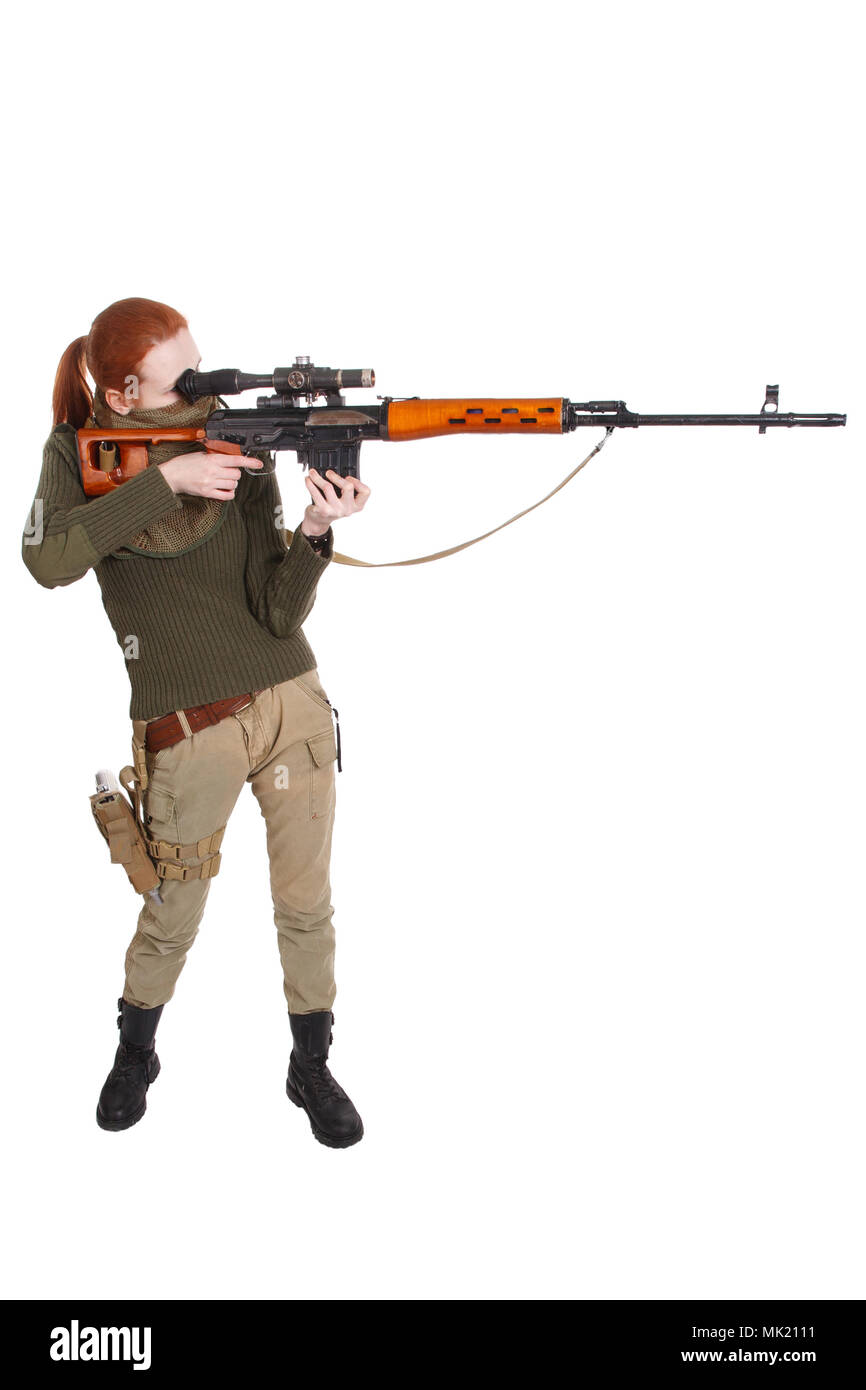 woman sniper with SVD sniper rifle isolated on white background Stock ...