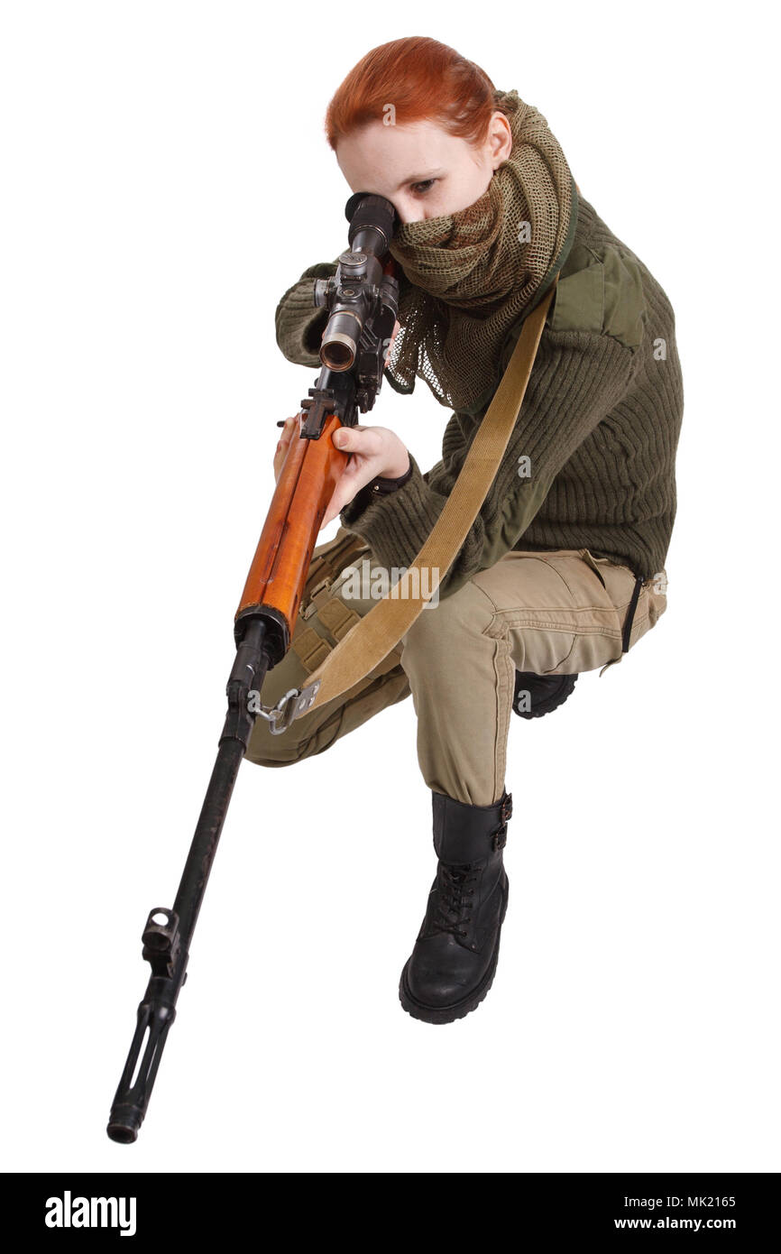 woman sniper with SVD sniper rifle isolated on white background Stock ...