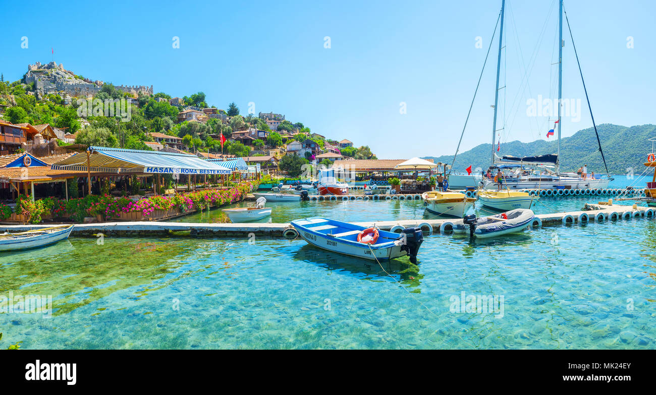 KALEKOY, TURKEY - MAY 5, 2017: Panorama of port area with yachts ...