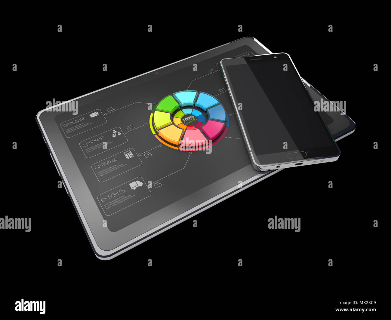 3D Illustration of Creative colorful pie chart on the tablet, business ...