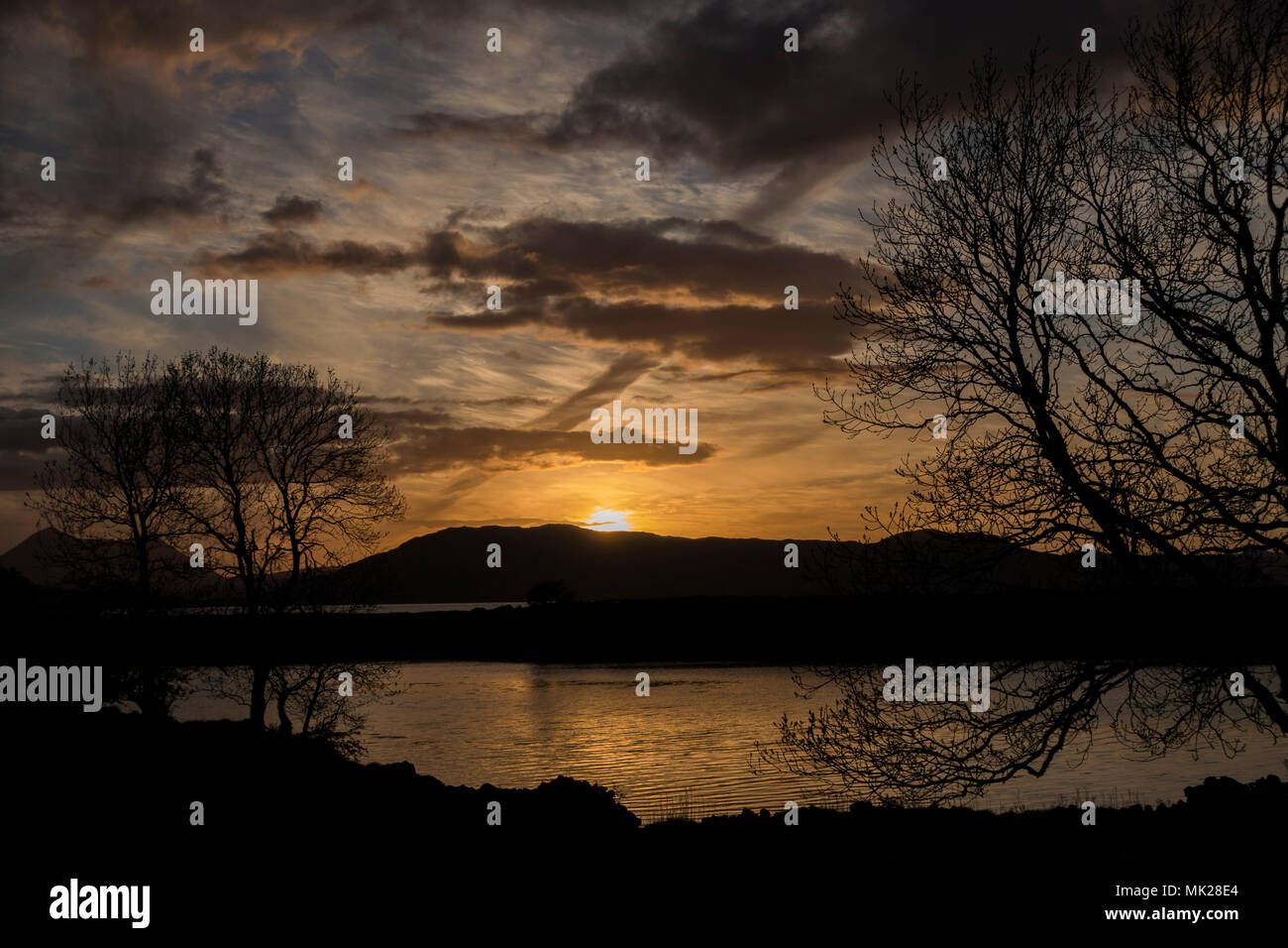 Orange sunset over water with tree silhouettes and distant mountains ...