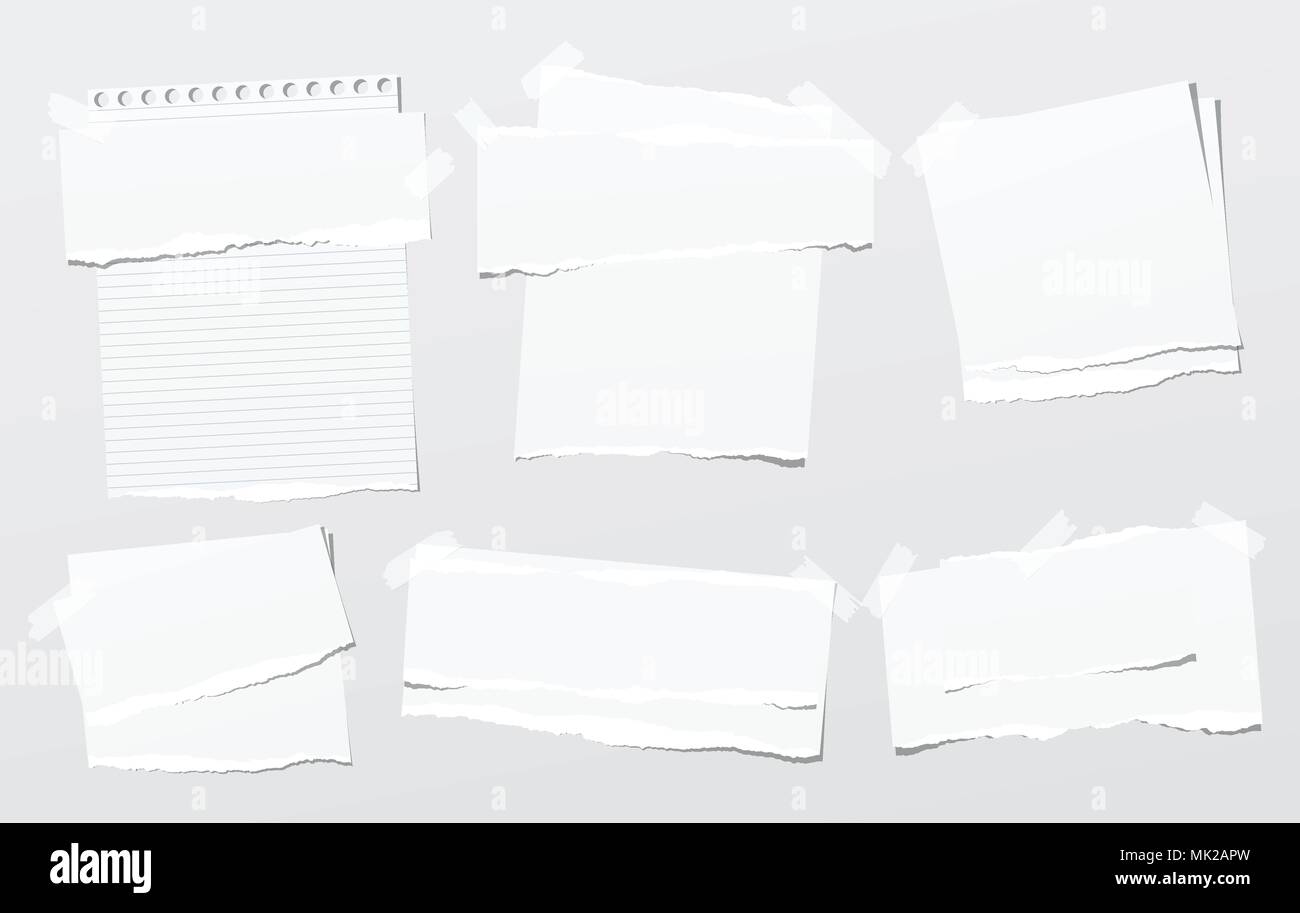 White torn note, notebook paper pieces for text stuck on grey ... White torn note, notebook paper pieces for text stuck on grey ...