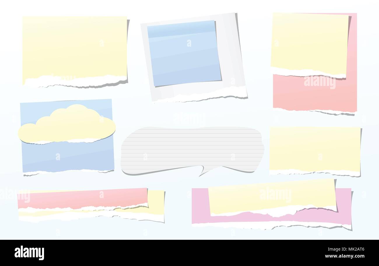Colorful torn note, notebook paper pieces for text, speech bubble stuck ...