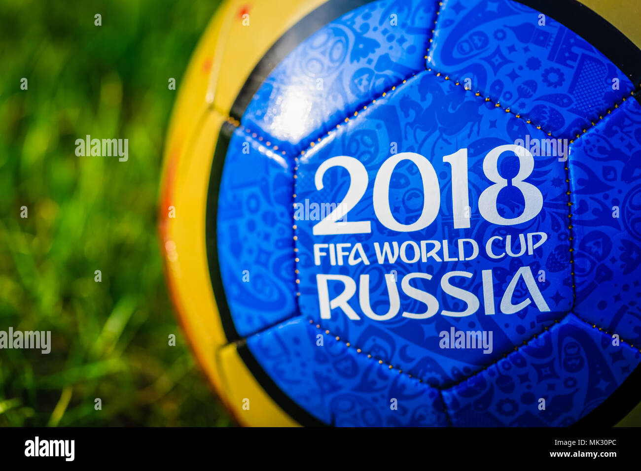 Moscow, Russia. May 01, 2018. Souvenir ball with the emblem of the FIFA ...