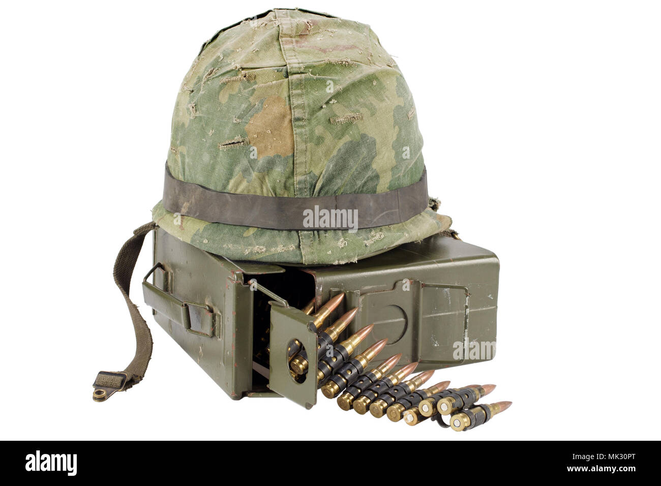 US Army Ammo Box with ammunition belt and helmet isolated on white ...