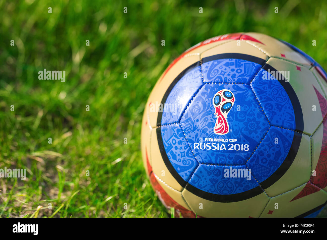 Moscow, Russia. May 01, 2018. Souvenir ball with the emblem of the FIFA ...