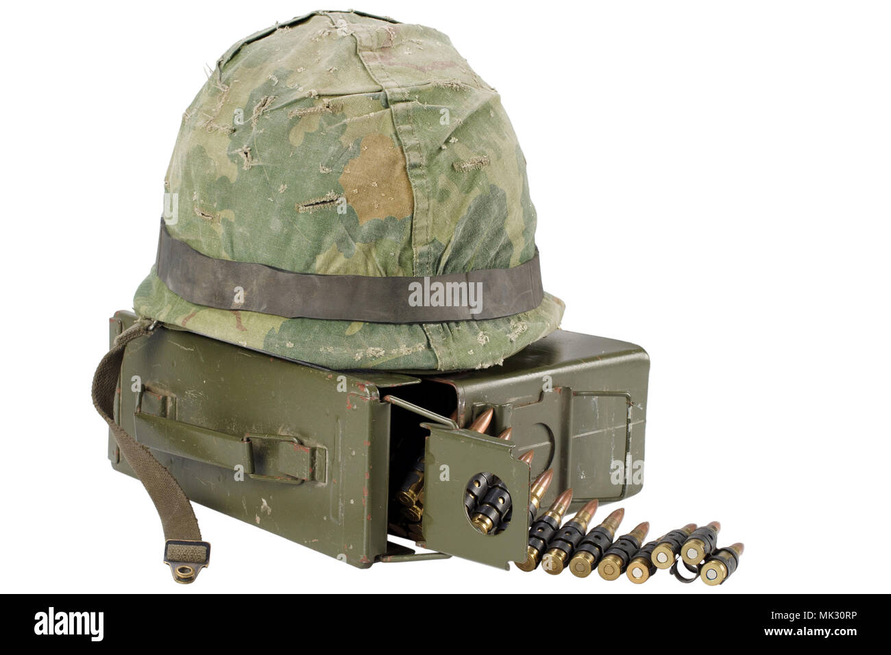 US Army Ammo Box with ammunition belt and helmet isolated on white ...