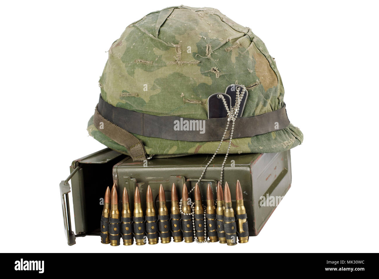 US Army Ammo Box with ammunition belt and helmet isolated on white ...