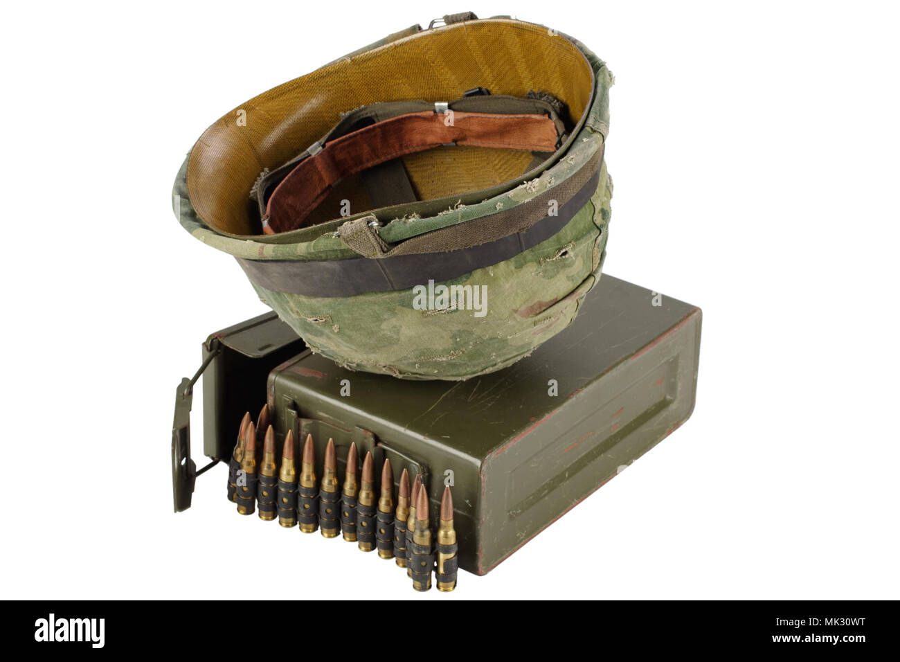 US Army Ammo Box with ammunition belt and helmet isolated on white ...