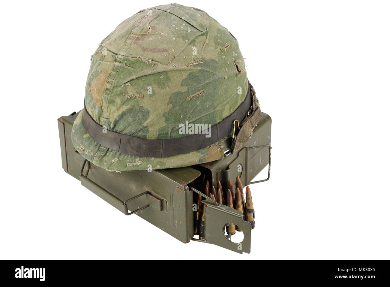 US Army Ammo Box with ammunition belt and helmet isolated on white ...