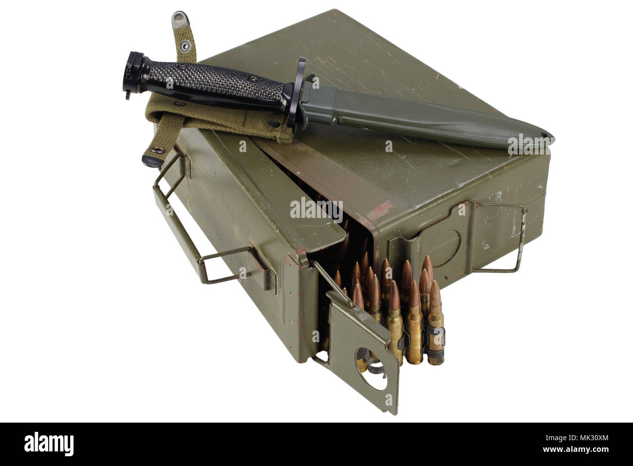 US Army Ammo Box with ammunition belt and bayonet isolated on white ...