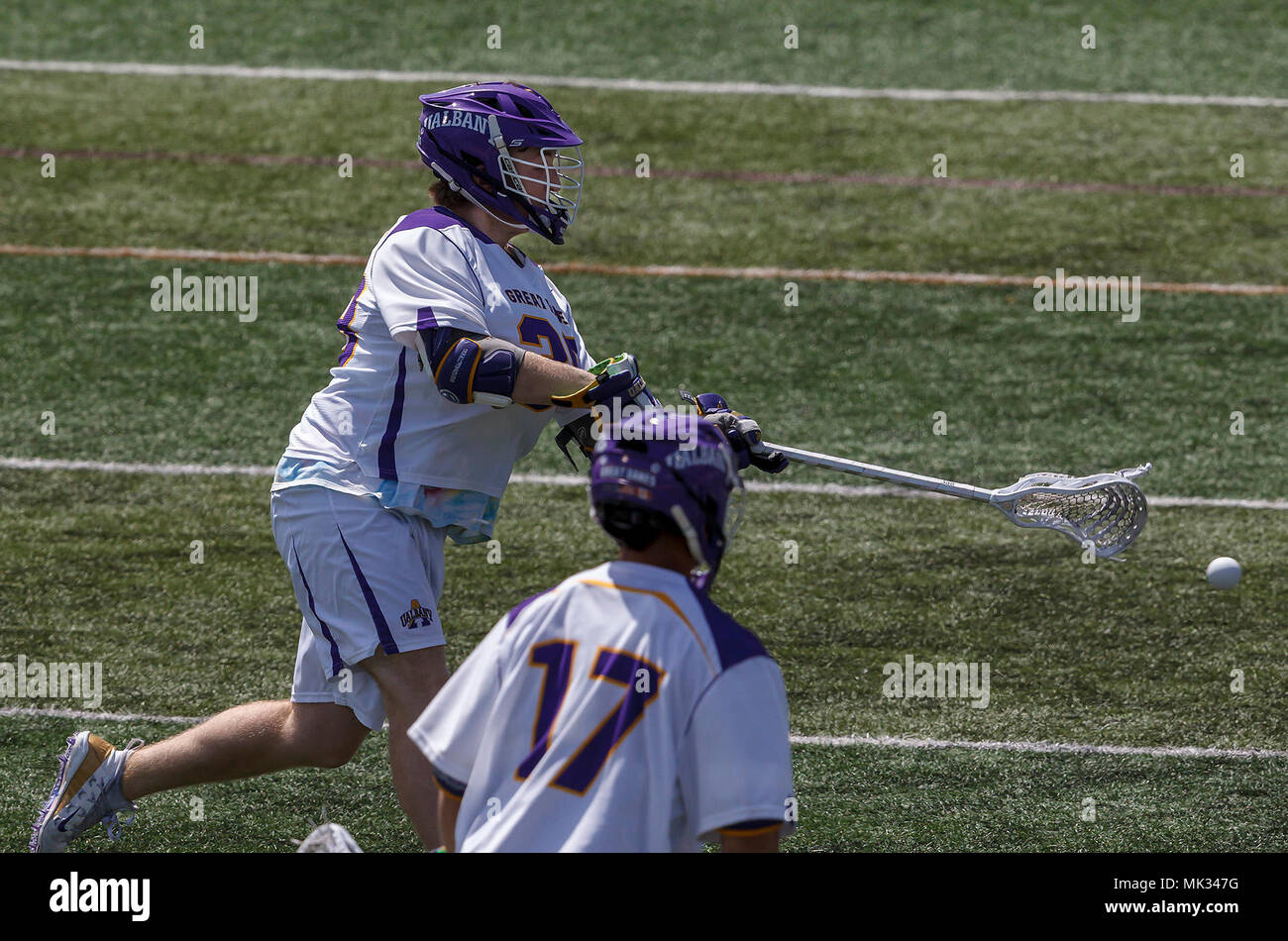 Albany, NY, USA. 5th May, 2018. Sean Eccles (#38) fires a shot as ...