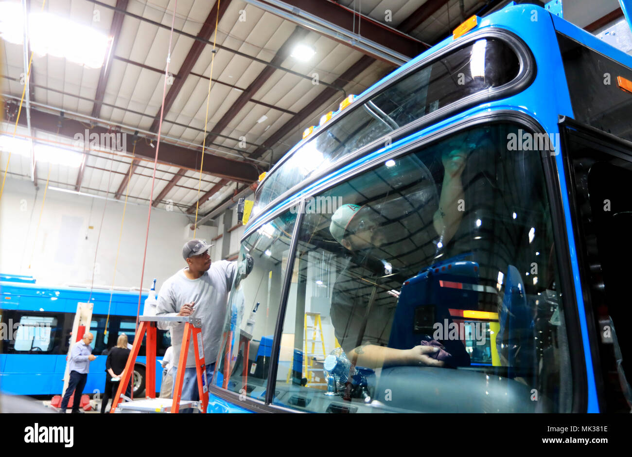 Lancaster, USA. 1st May, 2018. Workers are seen at an electric bus factory of China's BYD in ...