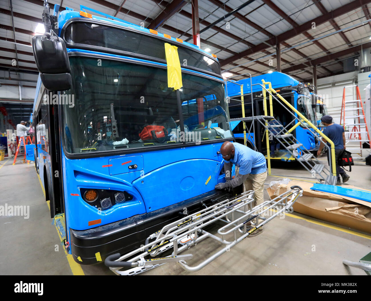 Lancaster, USA. 1st May, 2018. Workers are seen at an electric bus factory of China's BYD in ...
