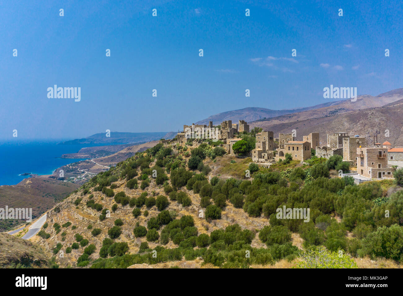 Panoramic view of tower houses at Vathia (Vatheia) village in Mani ...