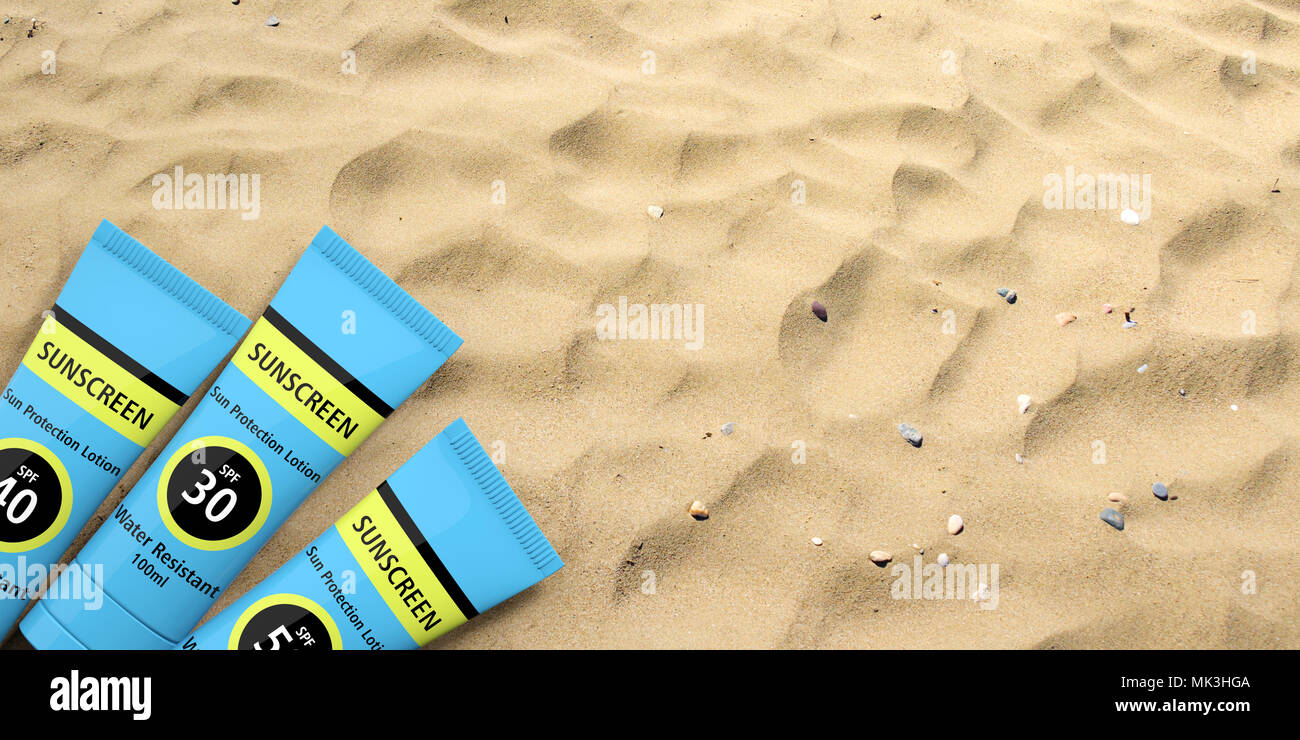 Sun tan protection. Sunscreen lotion tubes on sandy beach background ...