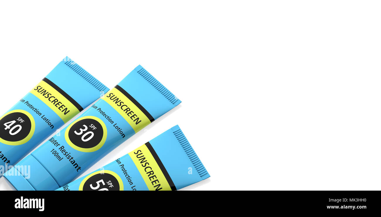 Sun tan protection. Sunscreen lotion tubes on white background, copy ...