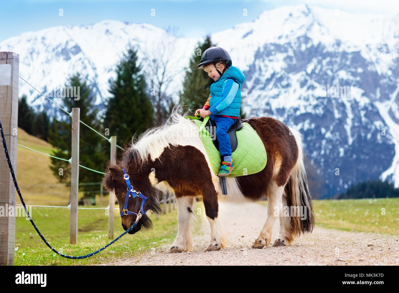 Kids riding pony in the Alps mountains. Family spring vacation on horse ...
