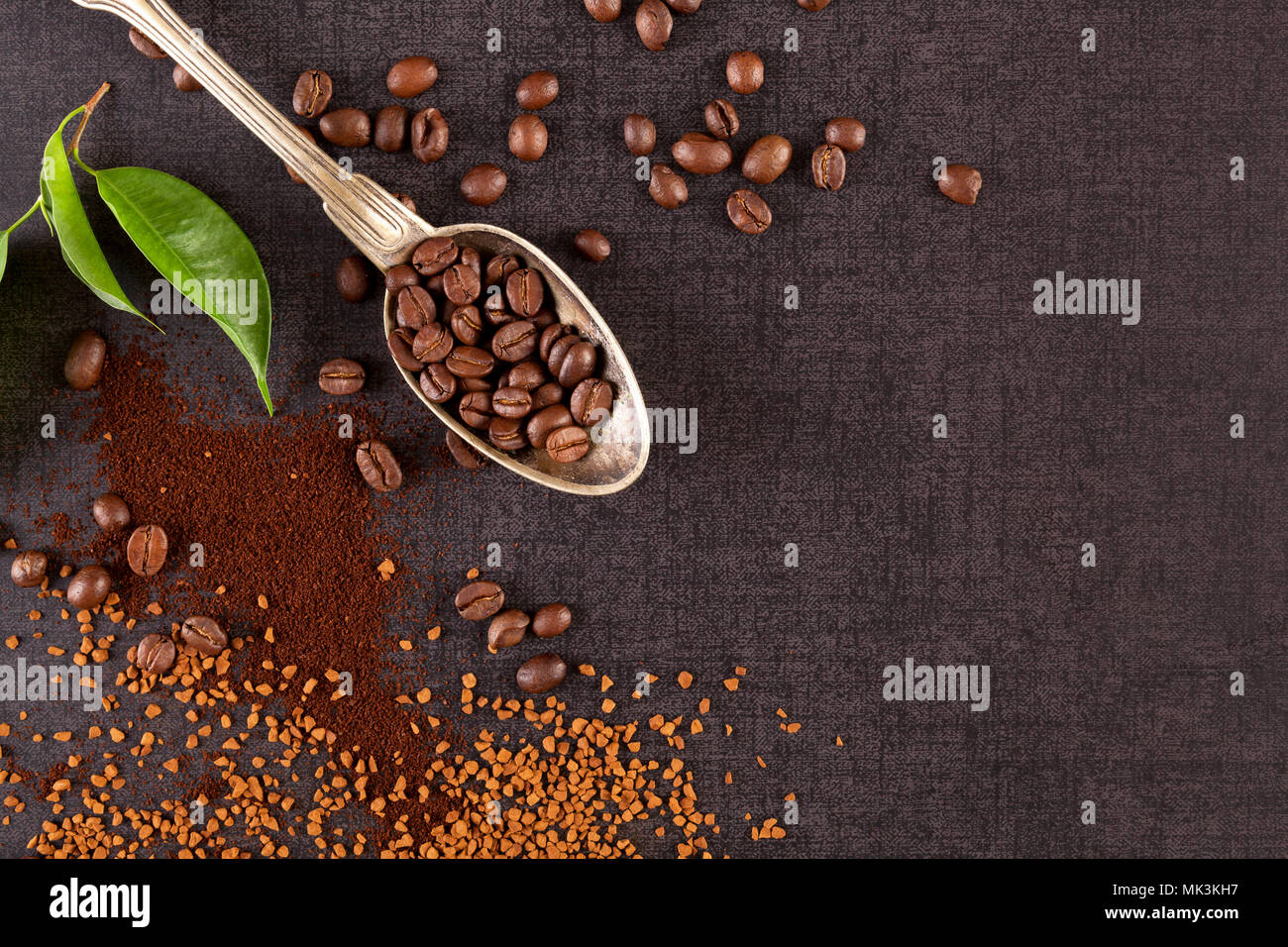Various types of coffee from above. Coffea leaves and roasted beans ...