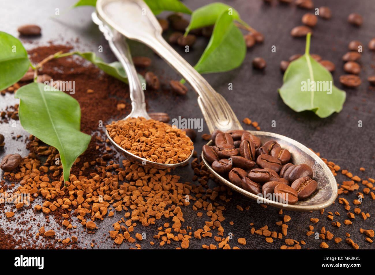 Various types of coffee and coffea plant leaves Stock Photo - Alamy