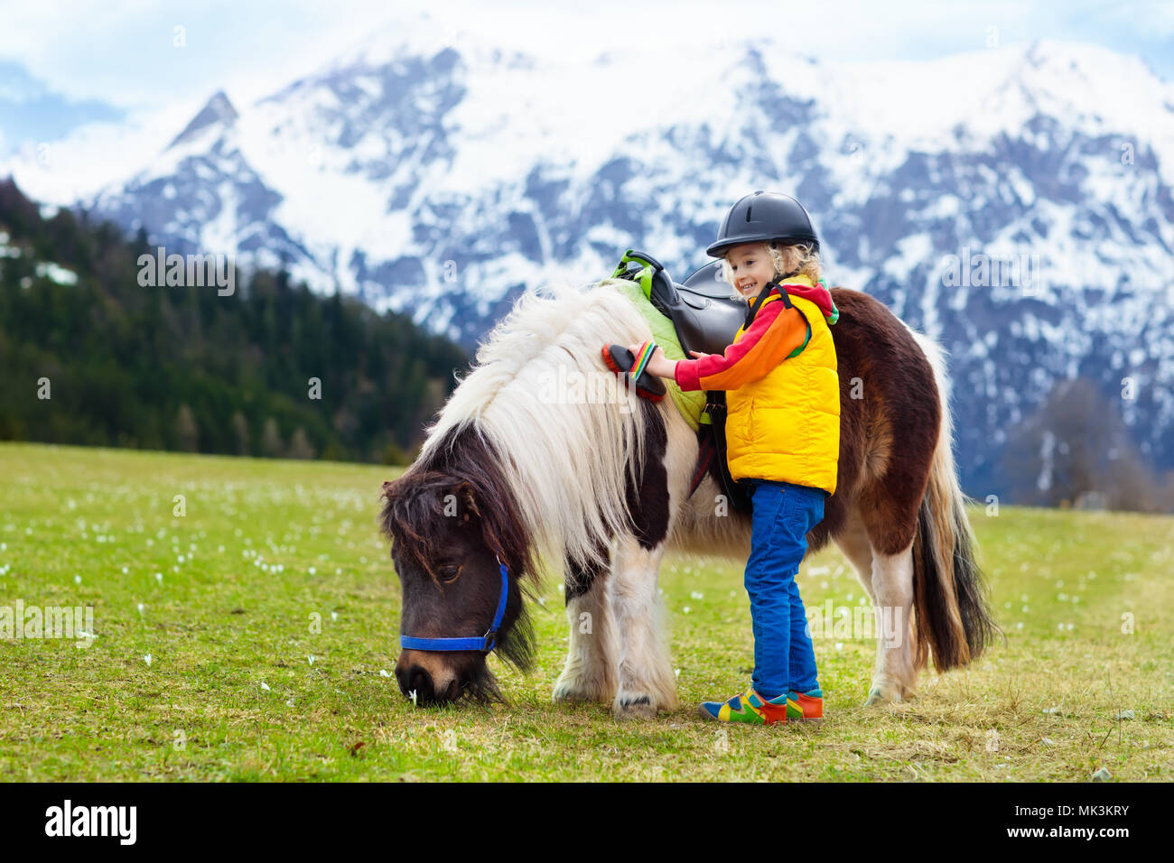 Kids riding pony in the Alps mountains. Family spring vacation on horse ...