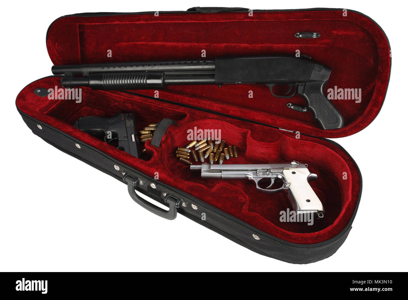 weapons with cartridges in violin case isolated on white background ...