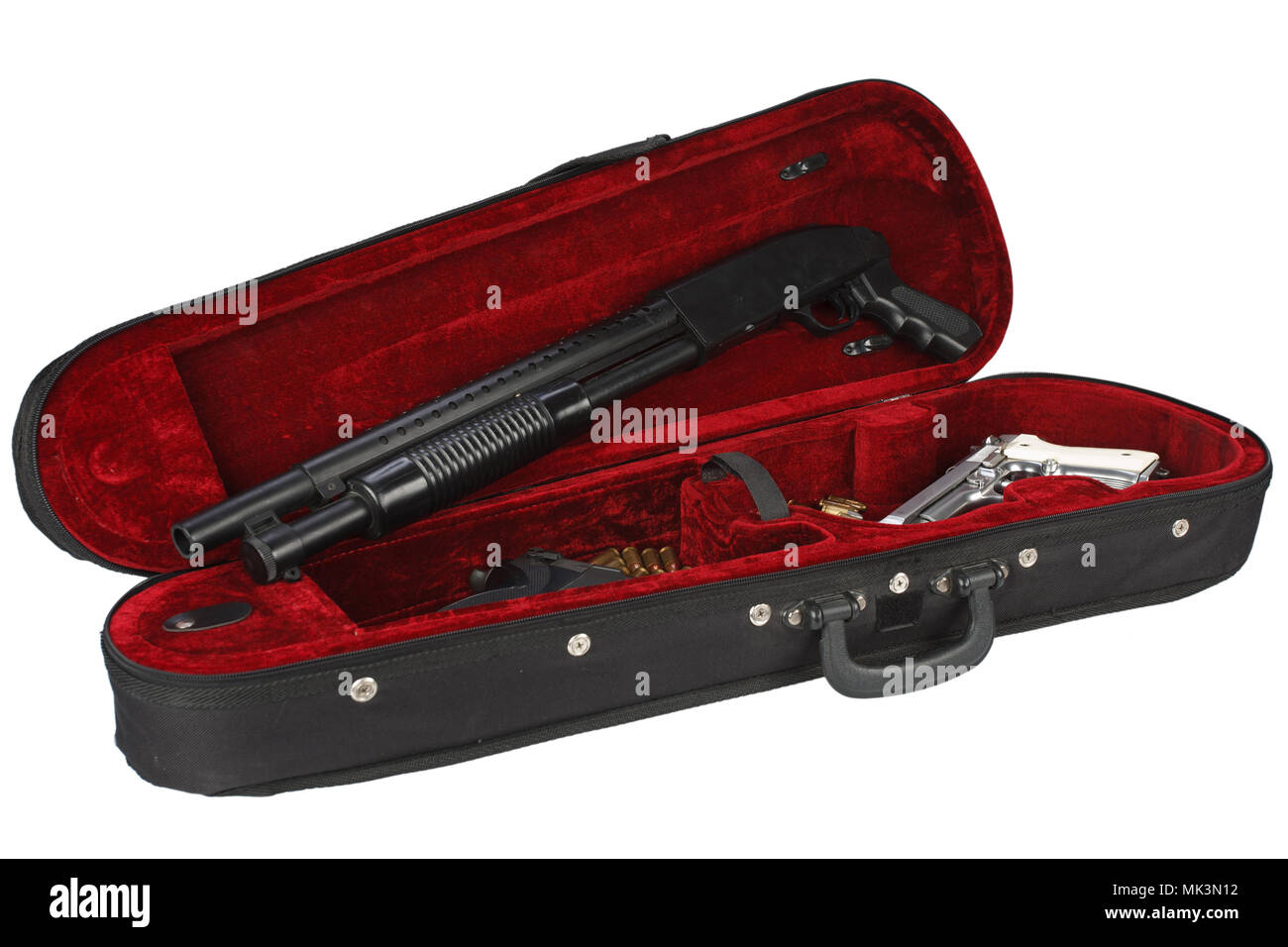 weapons with cartridges in violin case isolated on white background ...