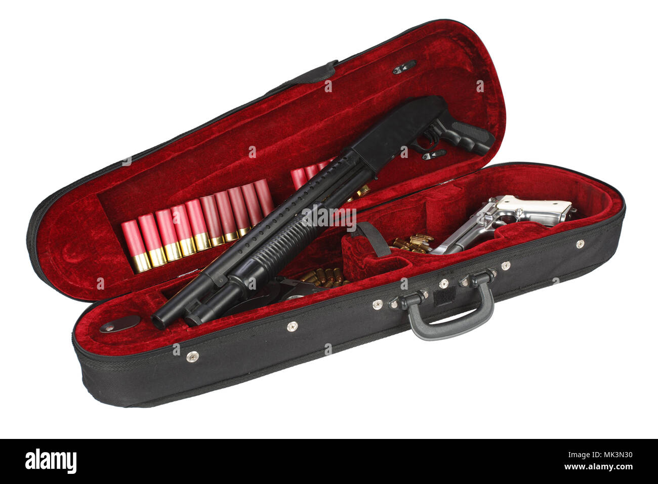 weapons with cartridges in violin case isolated on white background ...