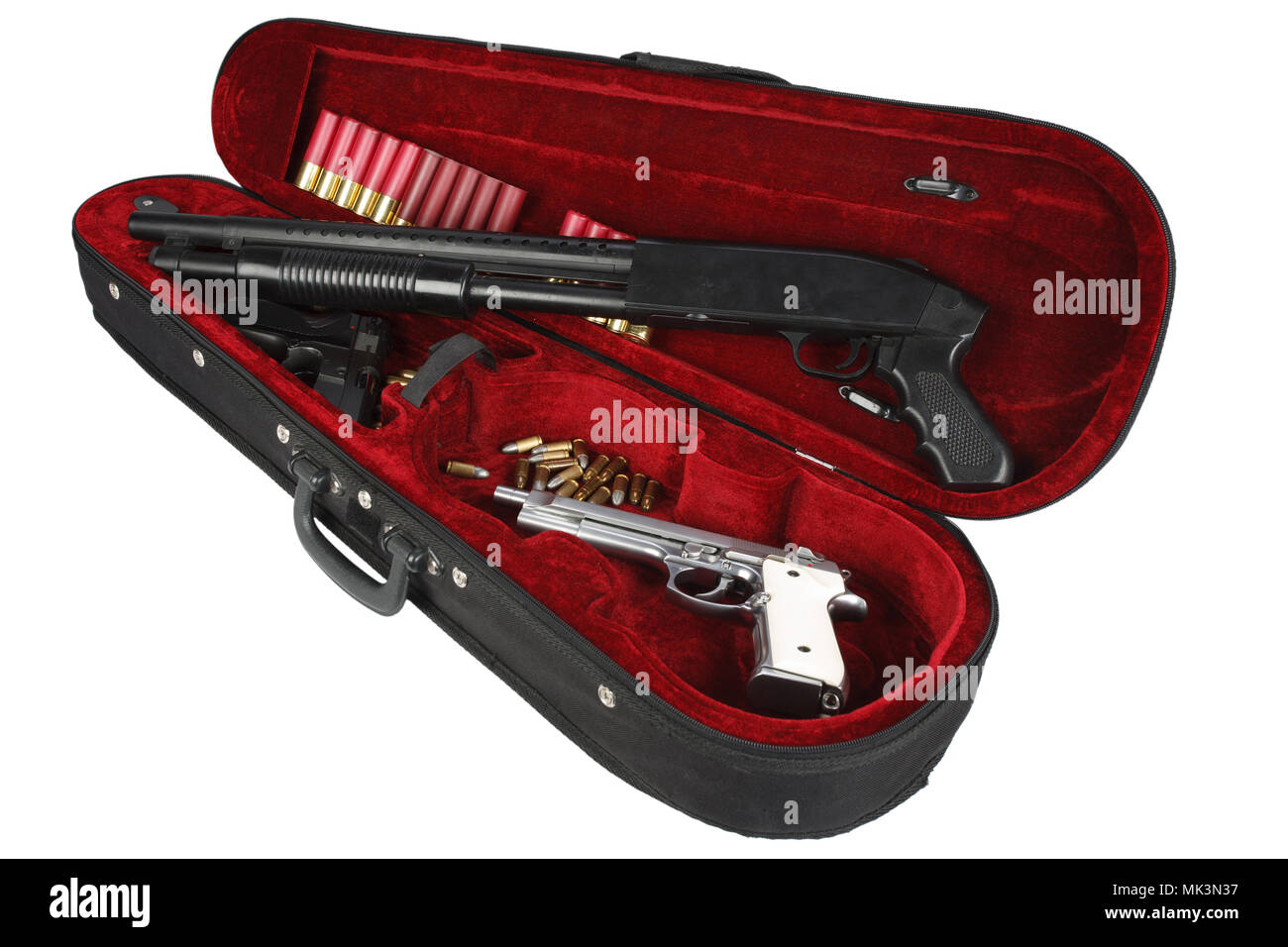 weapons with cartridges in violin case isolated on white background ...
