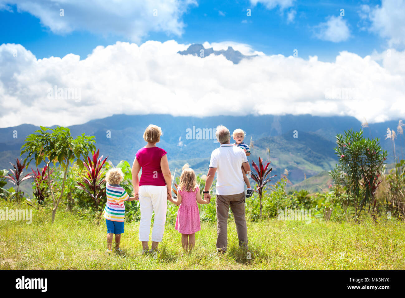 Grandparents and children hiking in mountains. Parents and kids ...
