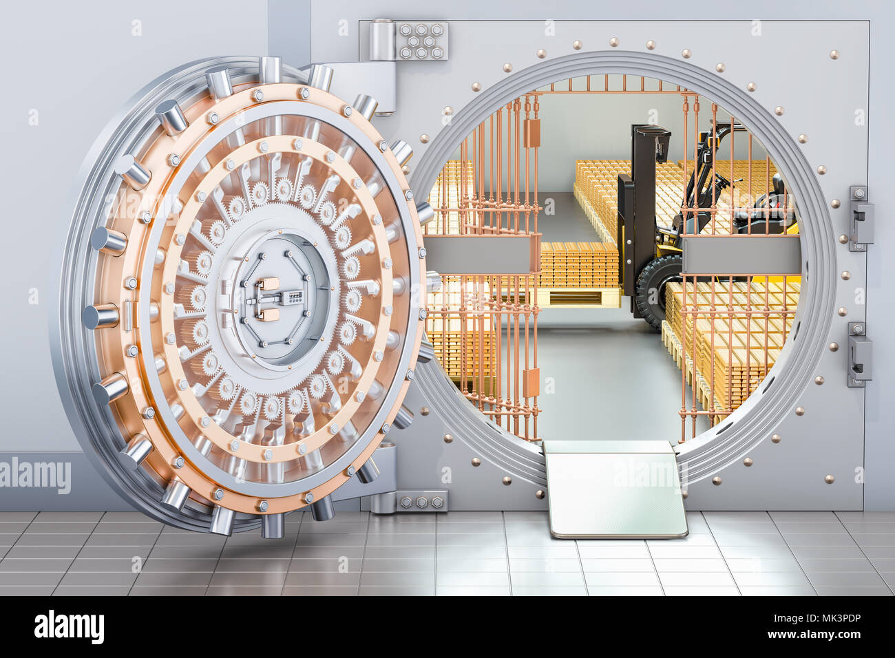 Open Bank Vault with golden ingots and forklift truck inside, 3D ...