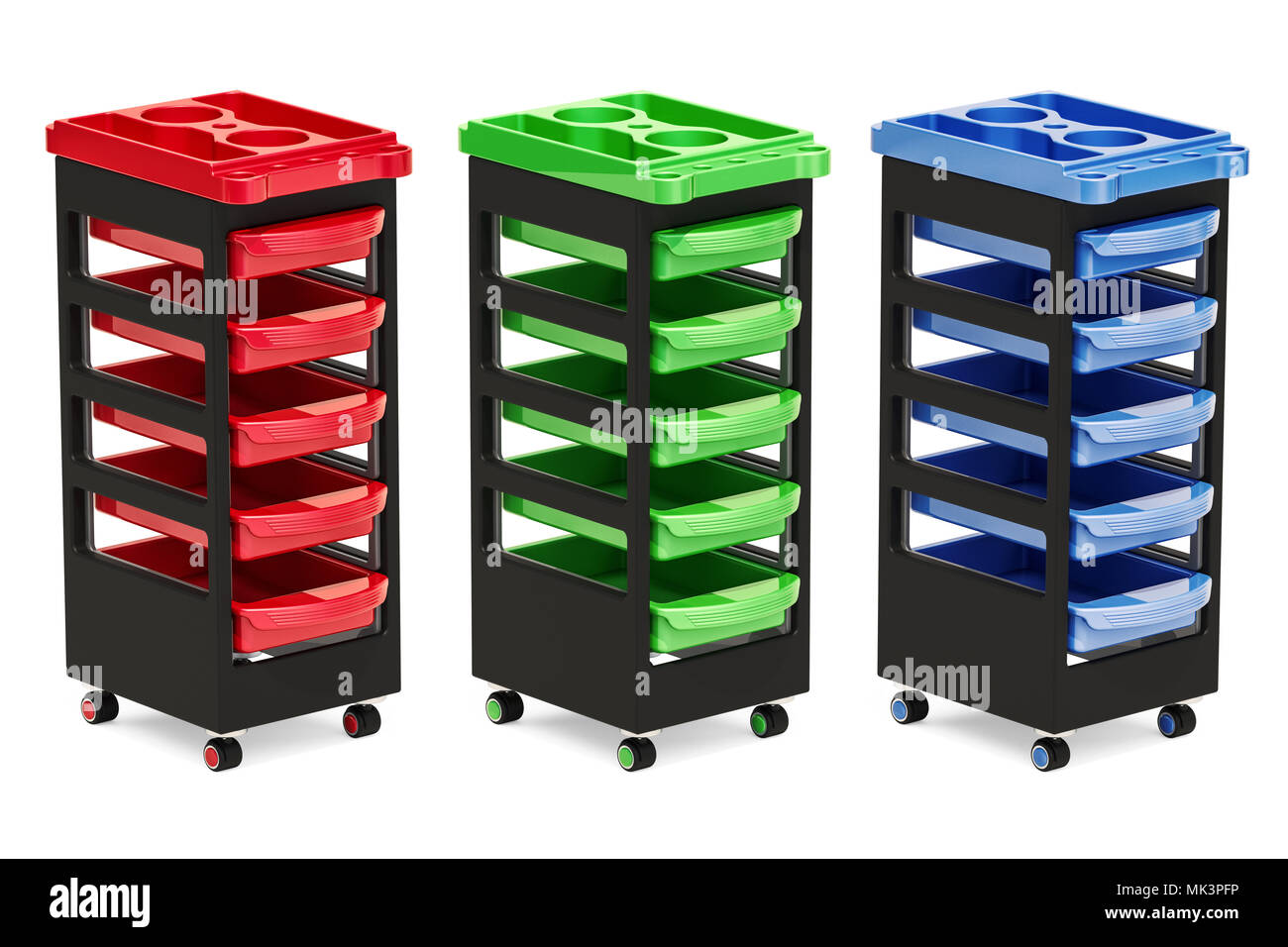Set of colored storage trolleys with drawers, 3D rendering isolated on ...