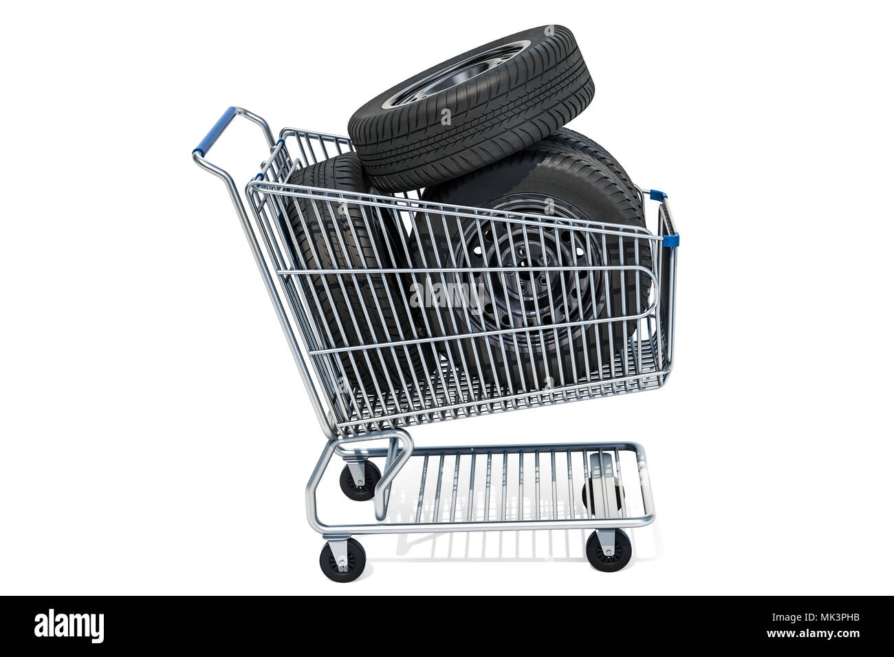 Shopping cart with car wheels, 3D rendering isolated on white ...