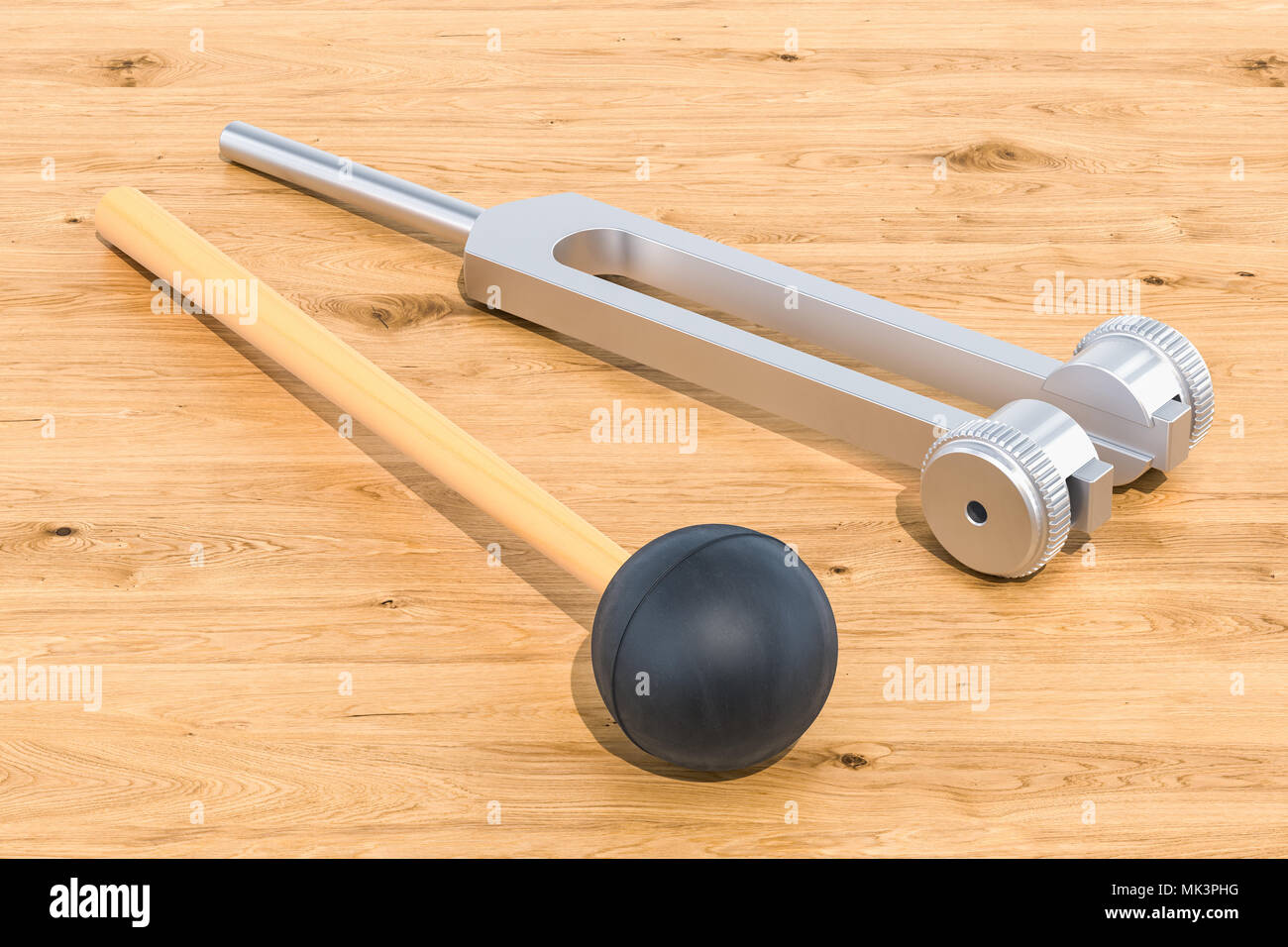 Tuning fork with silicone hammer on the wooden table, 3D rendering ...