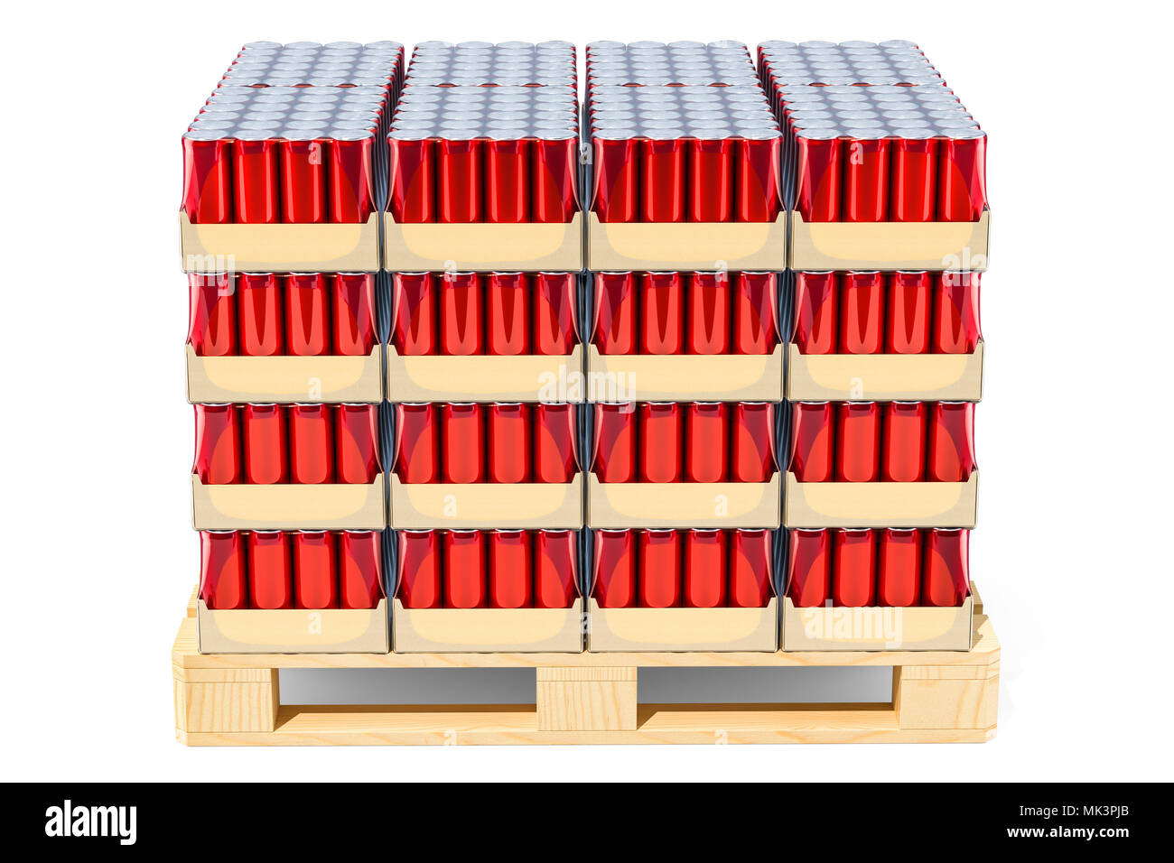 Wooden pallet full of drink metallic cans in shrink film, 3D rendering ...