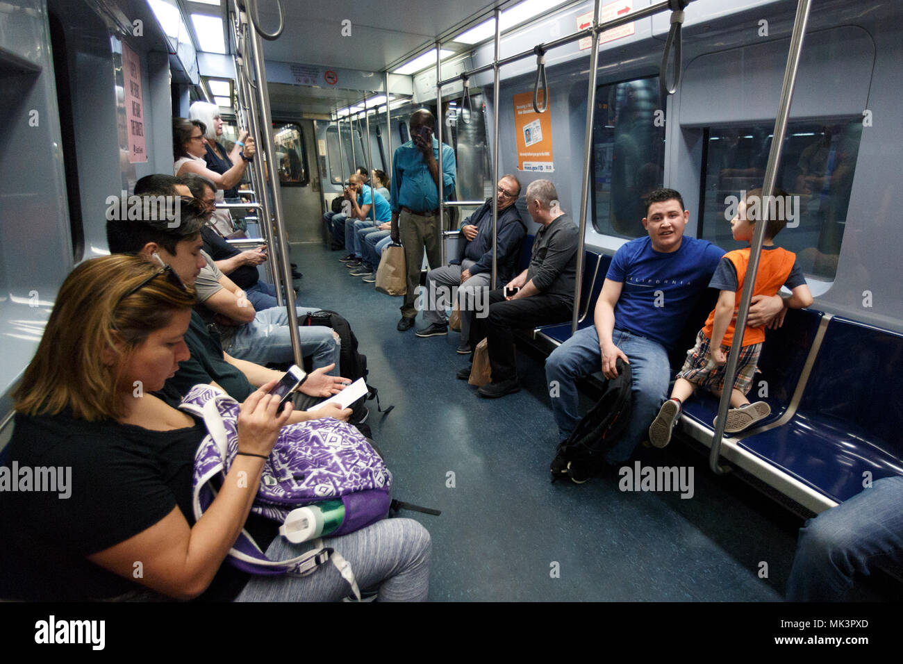Passengers on a Blue Line Subway train Boston Massachusetts Stock Photo ...