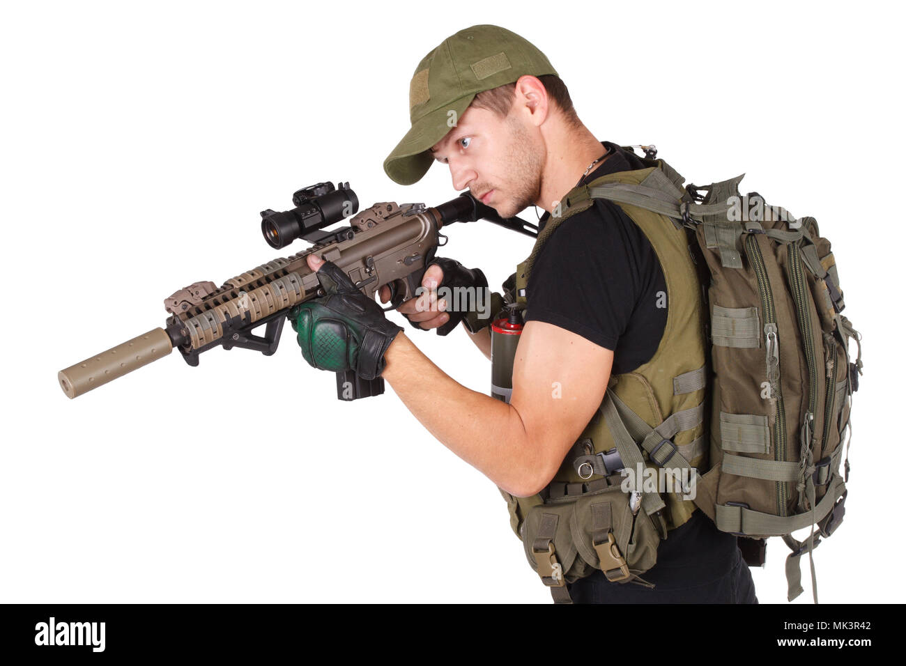 Private military contractor - rifleman with assault rifle isolated on ...