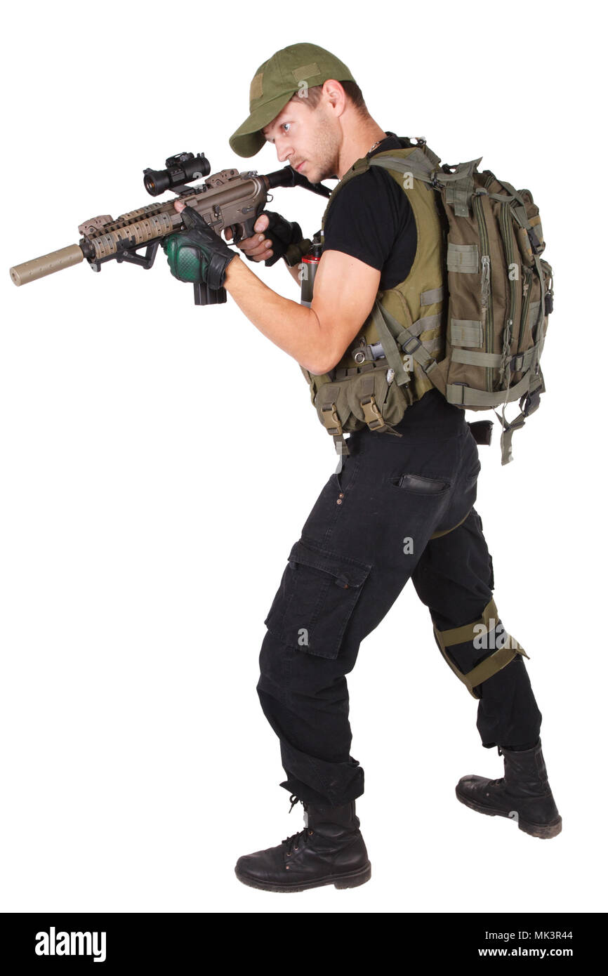 Private military contractor - rifleman with assault rifle isolated on ...