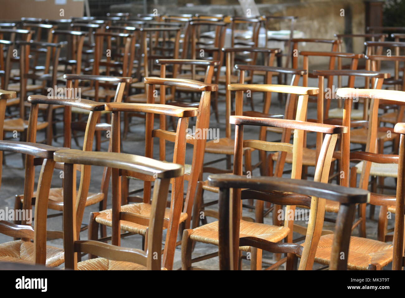 Row empty wooden chairs in church hi-res stock photography and images ...