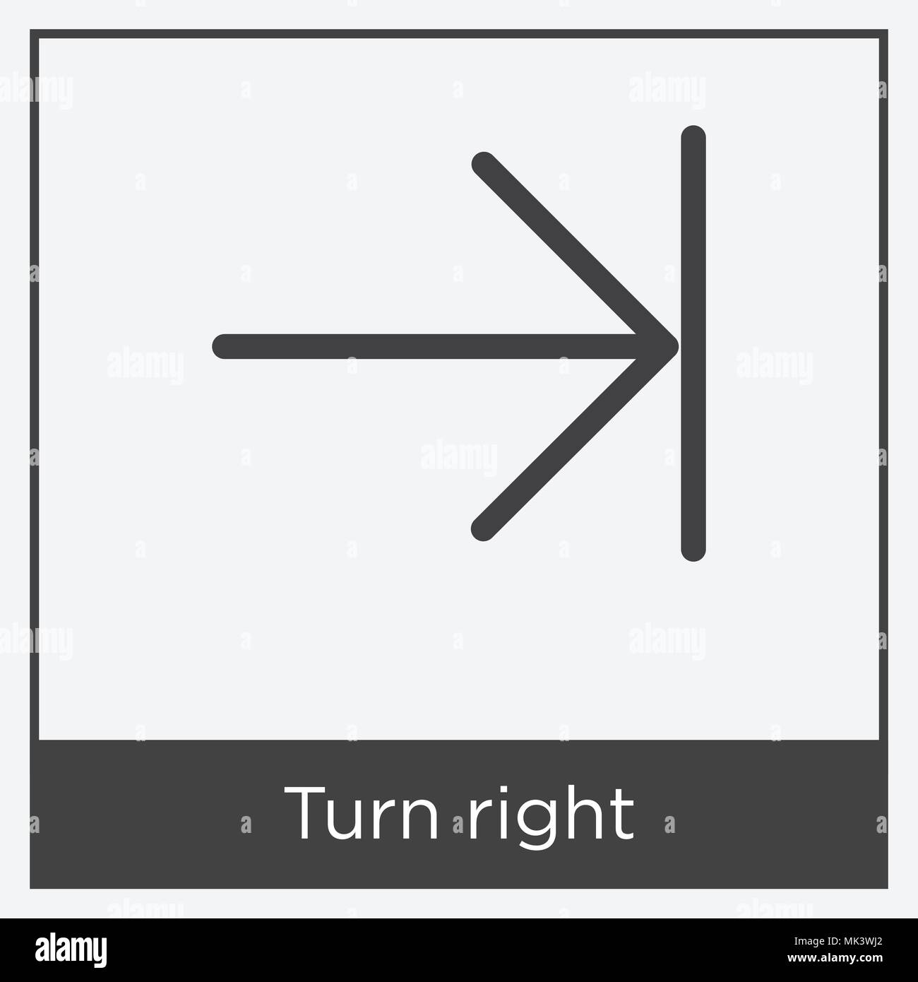 Turn right icon isolated on white background with gray frame, sign and ...