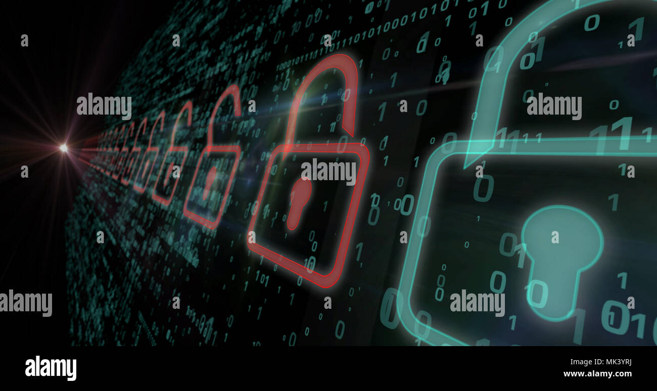 Cyber security concept. Red padlock icon on digital background in 3d ...