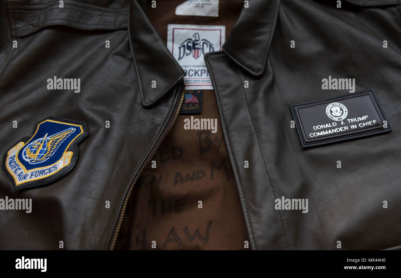 A flight jacket sits on a table before being presented to President ...