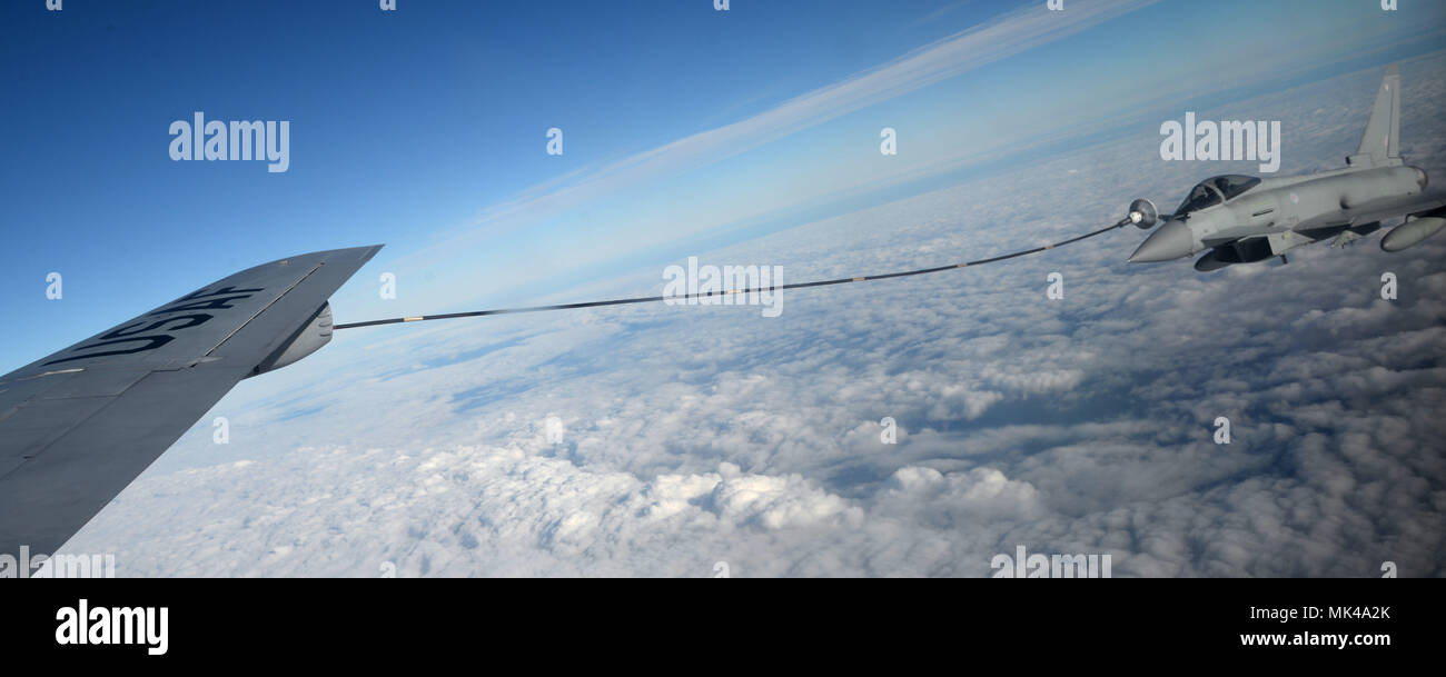 A Royal Air Force Typhoon FGR4 receives fuel from a U.S. Air Force KC ...